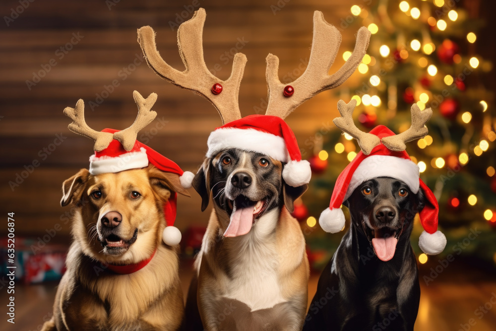 Three dogs celebrating Christmas holidays wearing a red Santa Claus hat ...