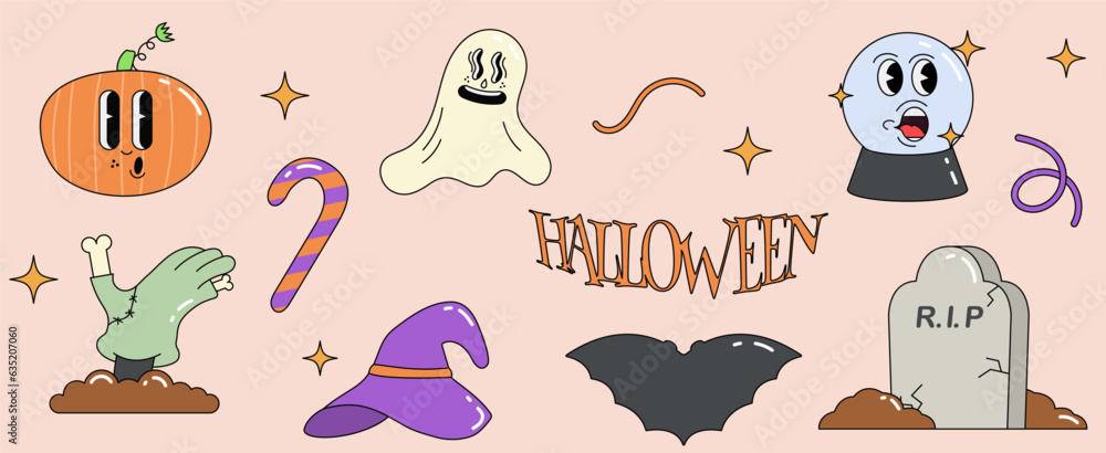 Collection of halloween object. Collection of vintage groovy halloween ...