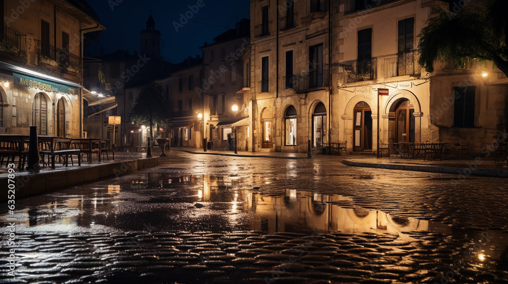 quiet charm of a small town square at night, softly lit buildings, a ...