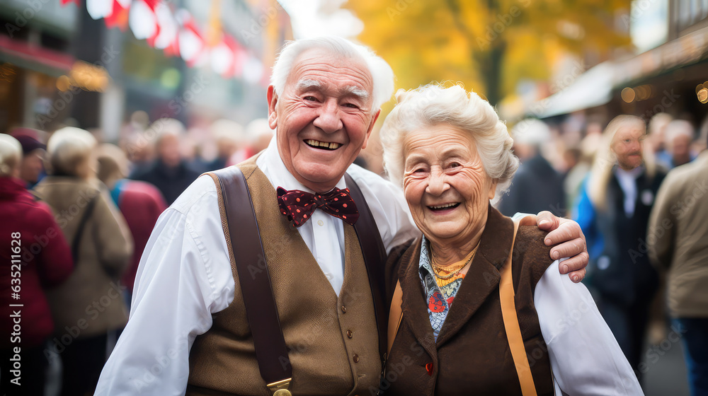 Senior German couple wearing traditional clothes at October Fest parade ...