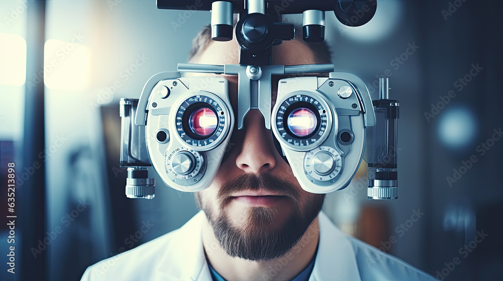 Doctor at a optical clinic with futuristic ophthalmoscope equipment ...