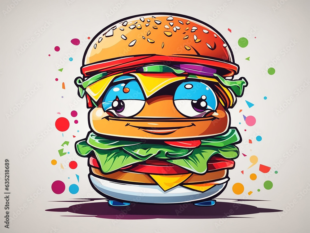 cartoon burger, white background, colorful, t-shirt design, vector ...