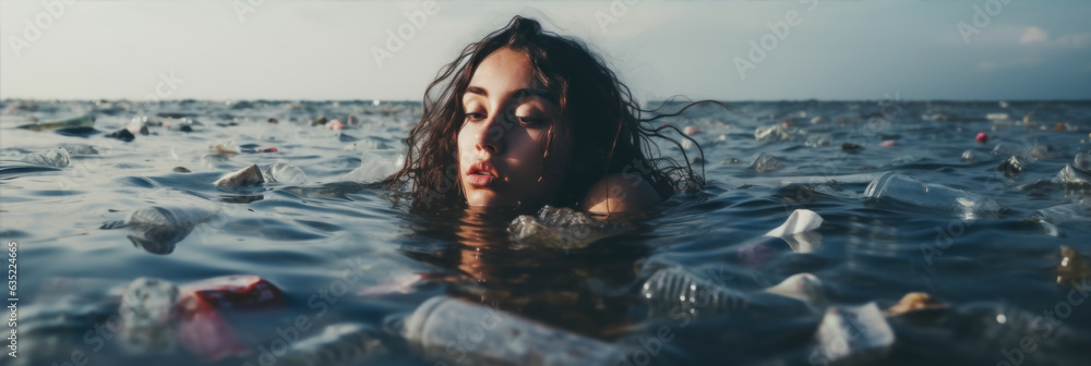 Young girl swims in a sea littered with plastic waste. Pollution of the ...