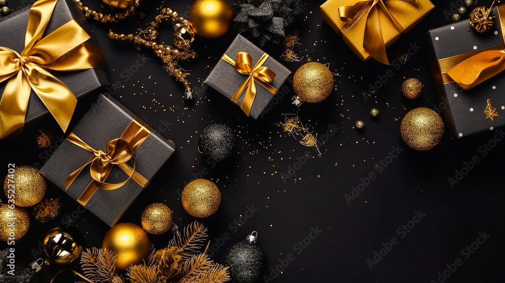 Arrière plan de noël noir avec boules et décoration dorée - Générative ...