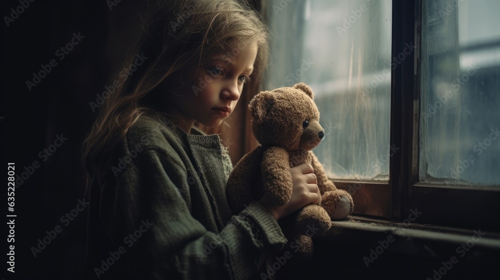 Sad looking orphan girl by the window holding a teddy bear Stock Photo ...