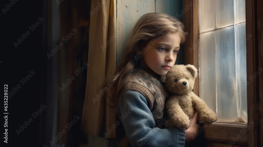 Sad looking orphan girl by the window holding a teddy bear Stock Photo ...