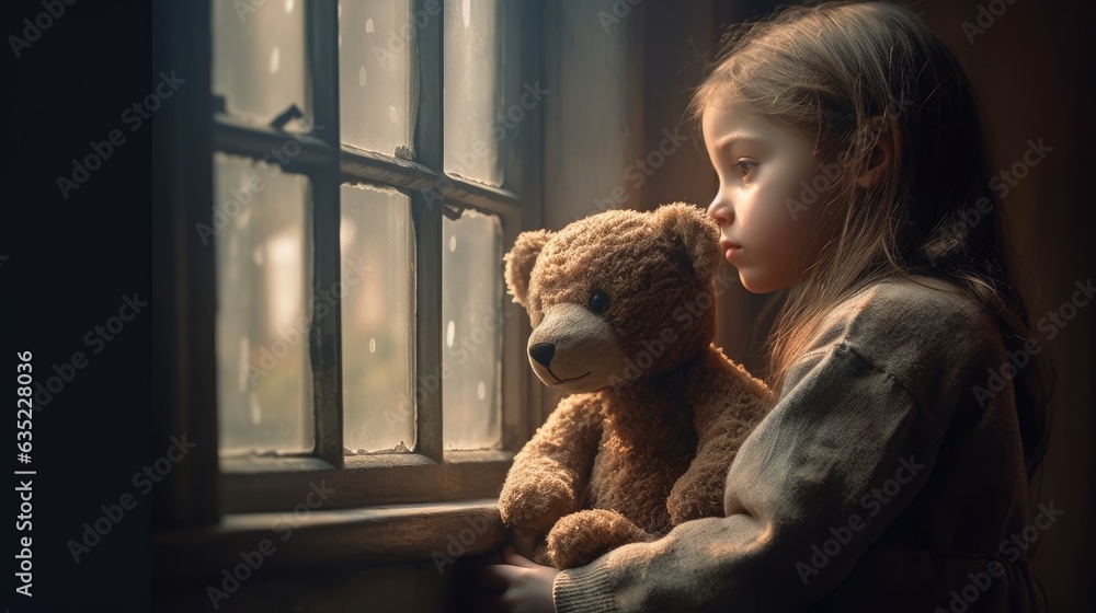 Sad looking orphan girl by the window holding a teddy bear Stock 写真 ...