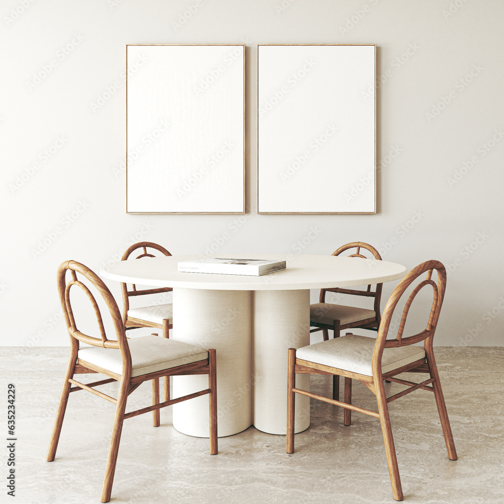 Wooden beige diningroom interior with dining table, book and chairs ...