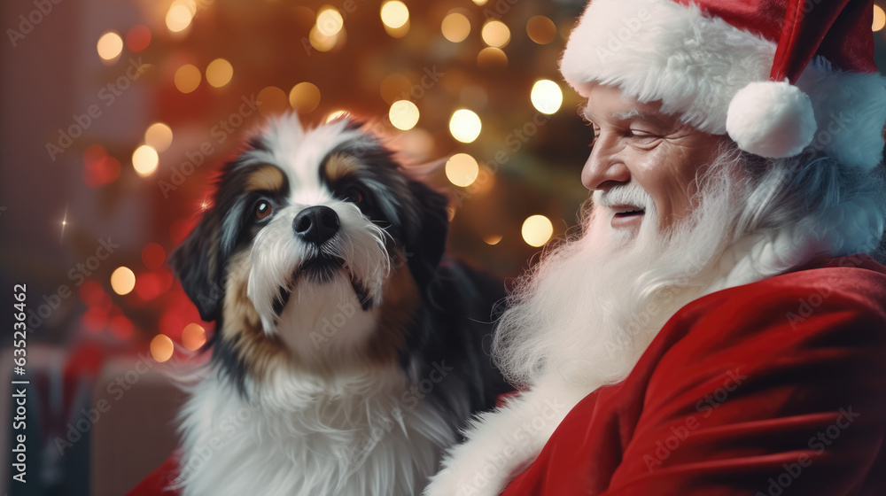 Santa Claus with a dog on his lap sitting on the chair looking at the ...