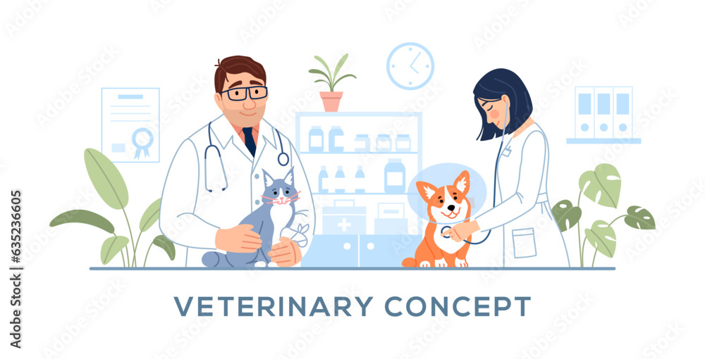 Veterinary clinic concept. Male, female veterinarians with stethoscope ...