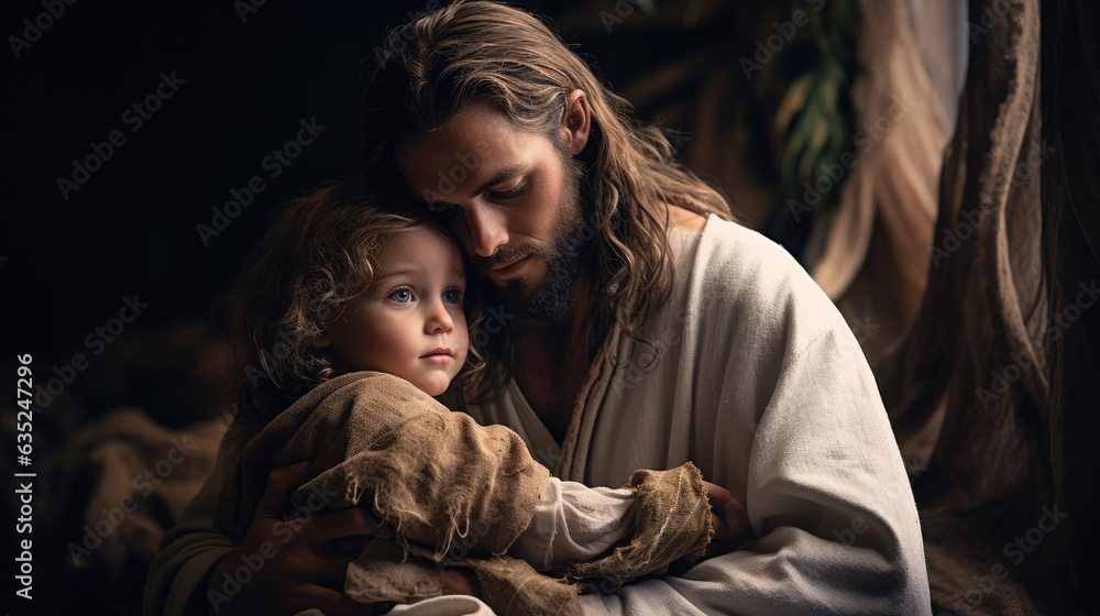 Biblical Jesus Christ with child, almighty god on earth Stock ...