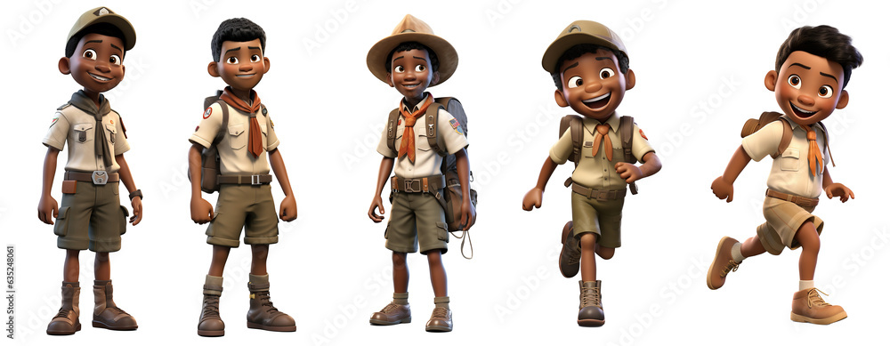 Set Of Cute Little boy scout Kids Wear Scout honor uniform. 3D render ...