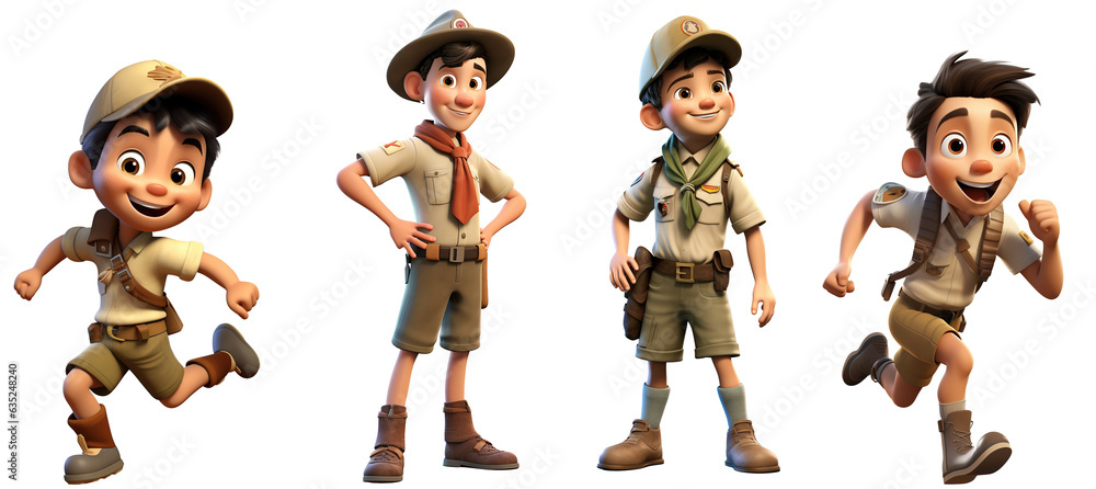 Set Of Cute Little boy scout Kids Wear Scout honor uniform. 3D render ...