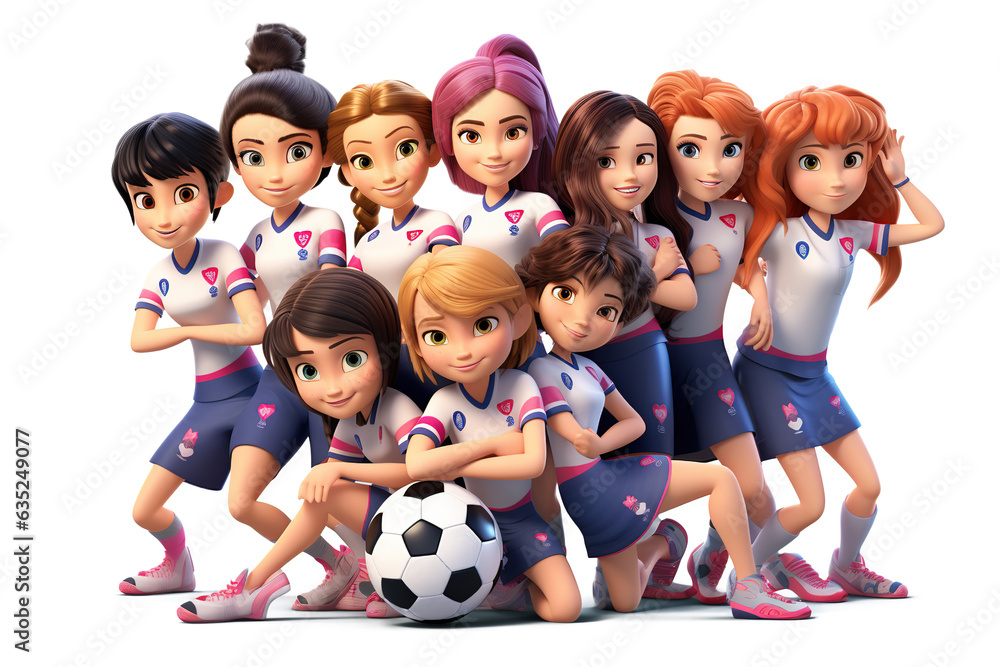 3d female football players. young girl Soccer team Cartoon soccer ...