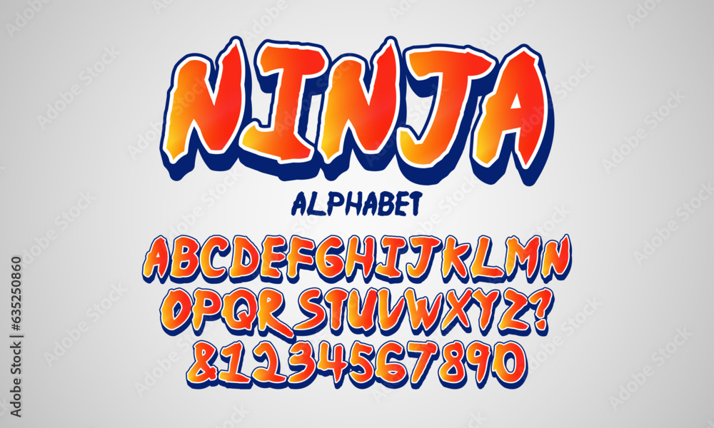 Vetor de Ninja anime font. Vintage cartoon font in japanese style for ...