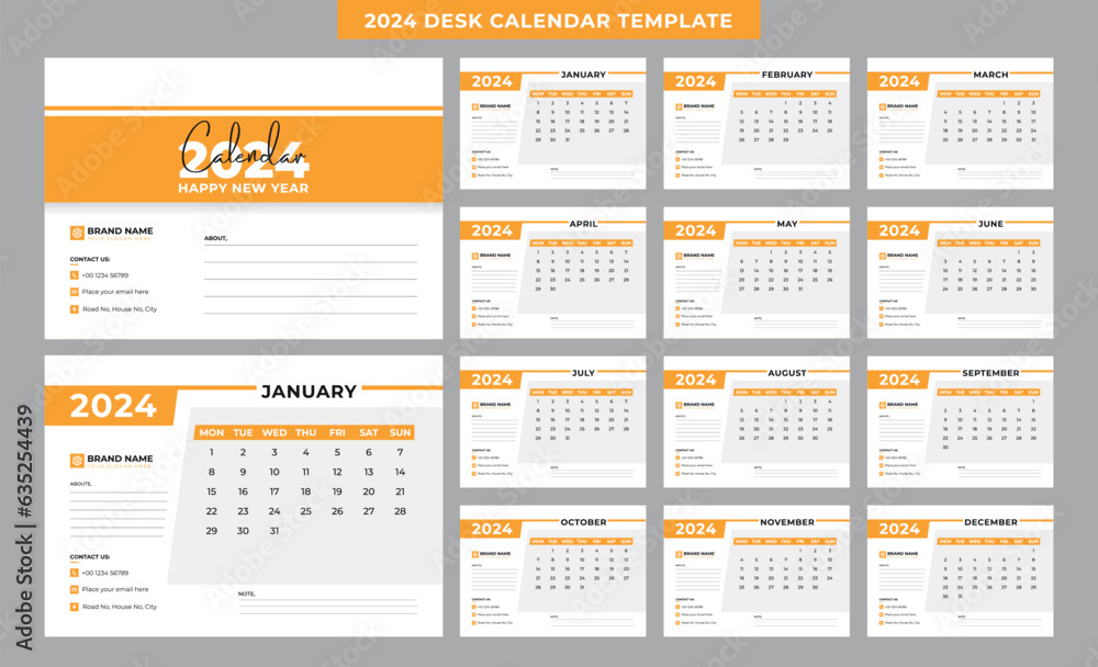 Desk Calendar 2024 template. 12 months included. Editable 2024 calendar ...