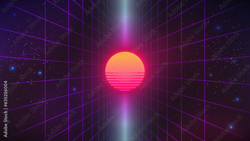 Synthwave Sunset Background. 80s Sun Backdrop. Pink perspective grid with retro Sun on dark ...