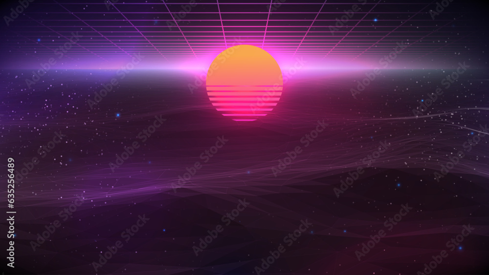 Synthwave Sunset Background. 80s Sun Backdrop. Pink perspective grid with retro Sun on dark ...