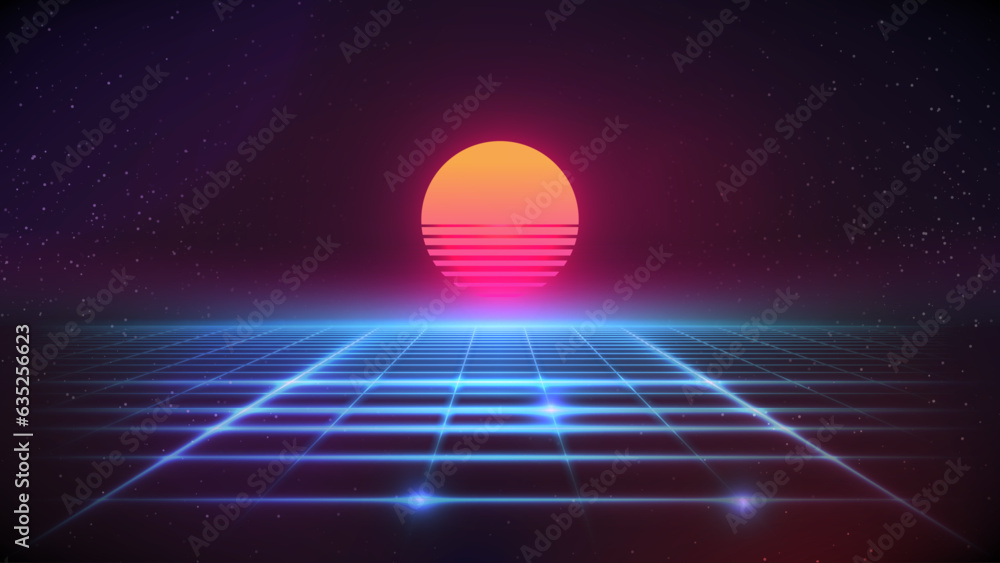 Synthwave Sunset Background. 80s Sun Backdrop. Blue perspective grid ...