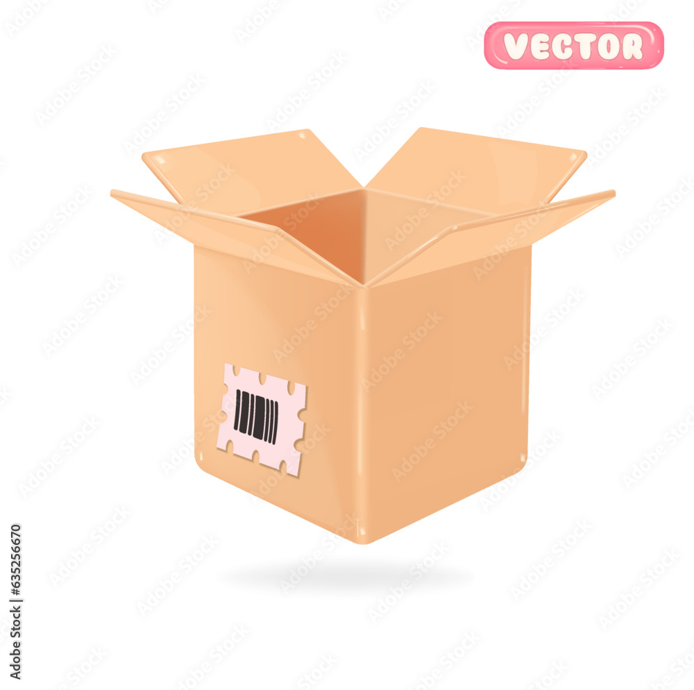 Cardboard box front view. Open box inside , brown packaging layout ...