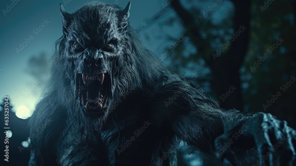 Portrait of Scary Werewolf in Cemetery in Full Moon Horror Night. Stock ...