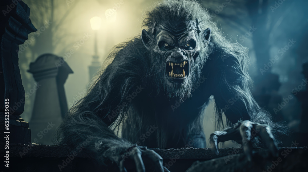 Portrait of Scary Werewolf in Cemetery in Full Moon Horror Night. Stock ...