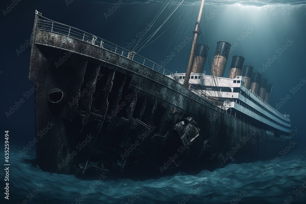 Wreck of Titanic sunk by iceberg in the Atlantic Ocean. Generative AI ...