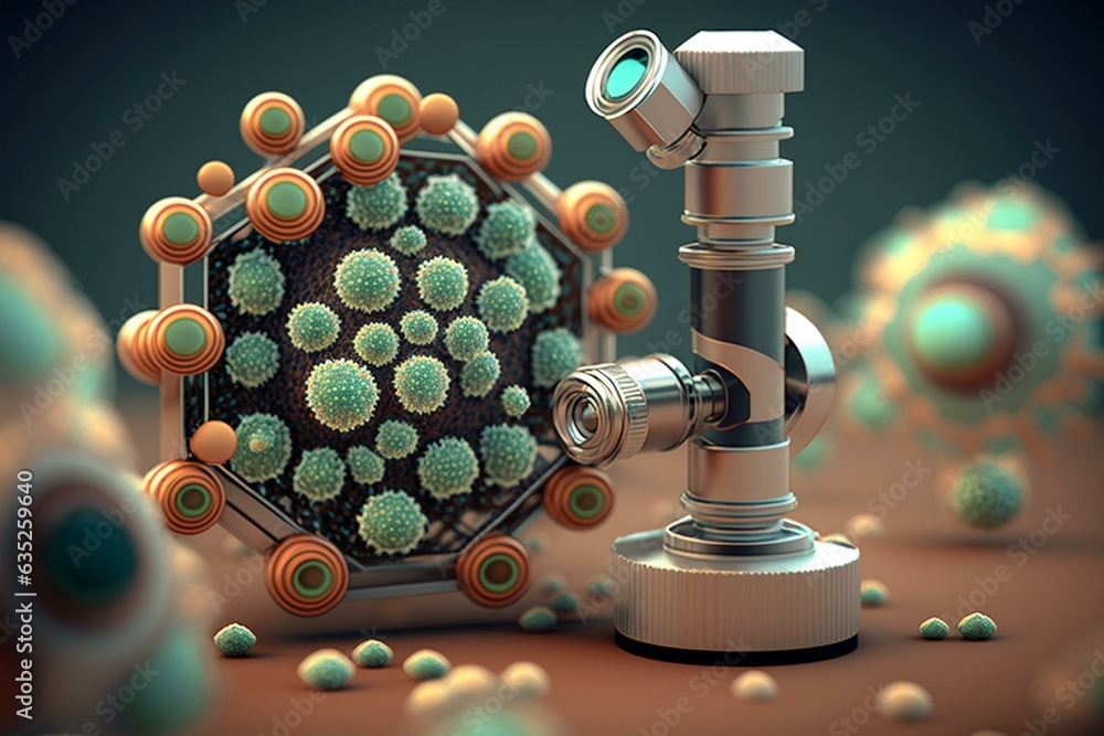Detailed monkeypox virus illustration with microscope cells and banner ...