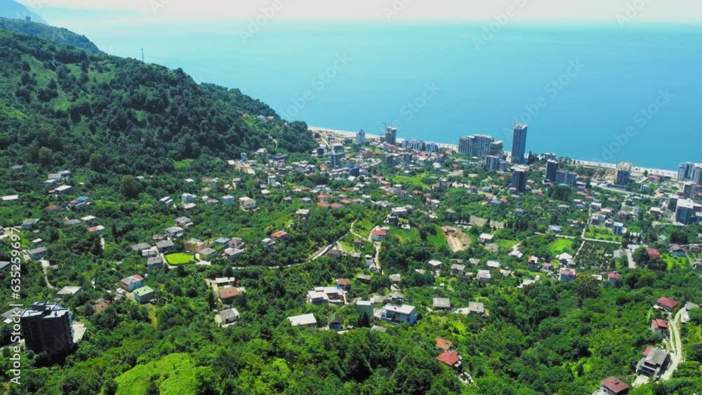 Areal panorama of Kvariati beach, Gonio and Batumi city, Georgia. View ...