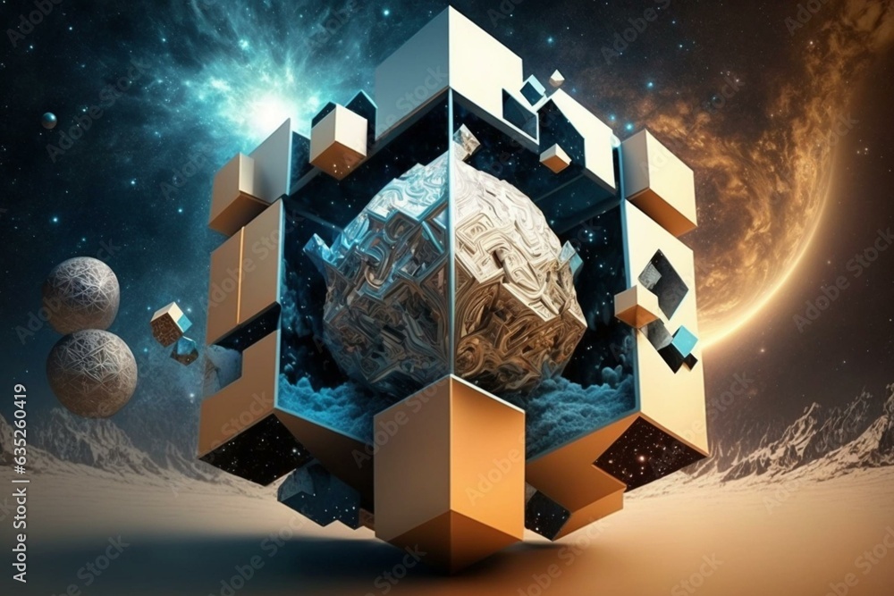 Fractal tesseract amidst chaos with abstract cubic multiverse. Surreal ...