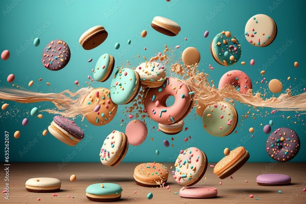 Colorful falling donuts and macarons as a beautiful background for web ...