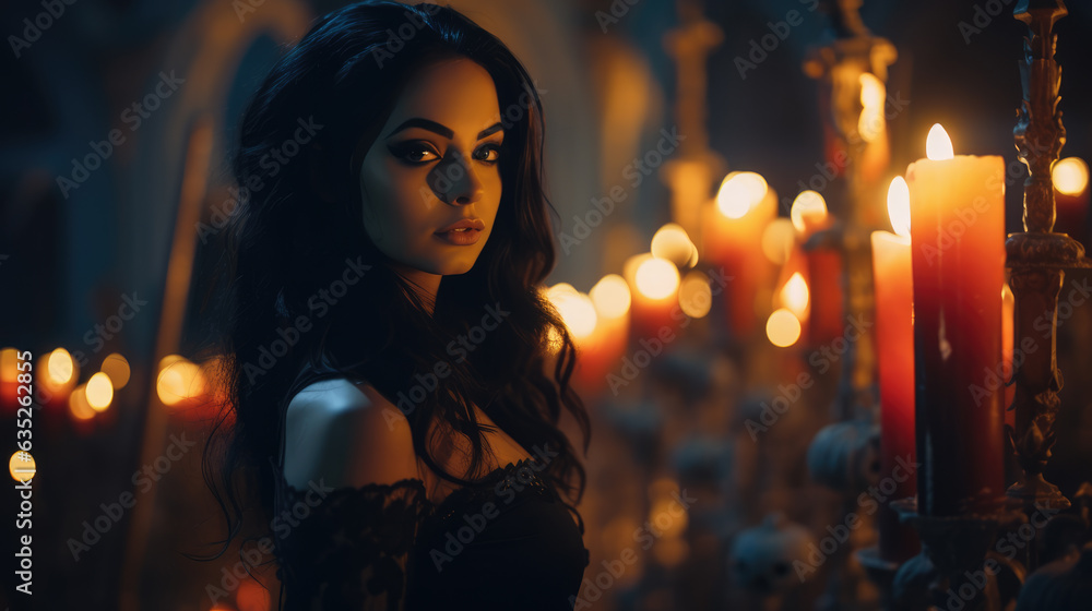 Foto de Young female vampire in cemetery with tombstones and orange ...