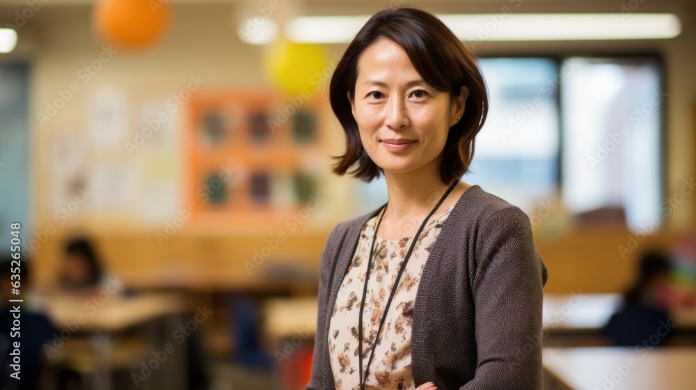 a photo portrait of a beautiful adult asian school teacher standing in ...