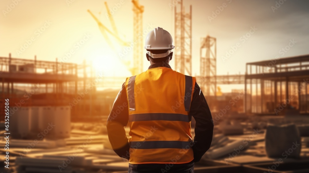 construction engineer standing with his back and watches at a house ...