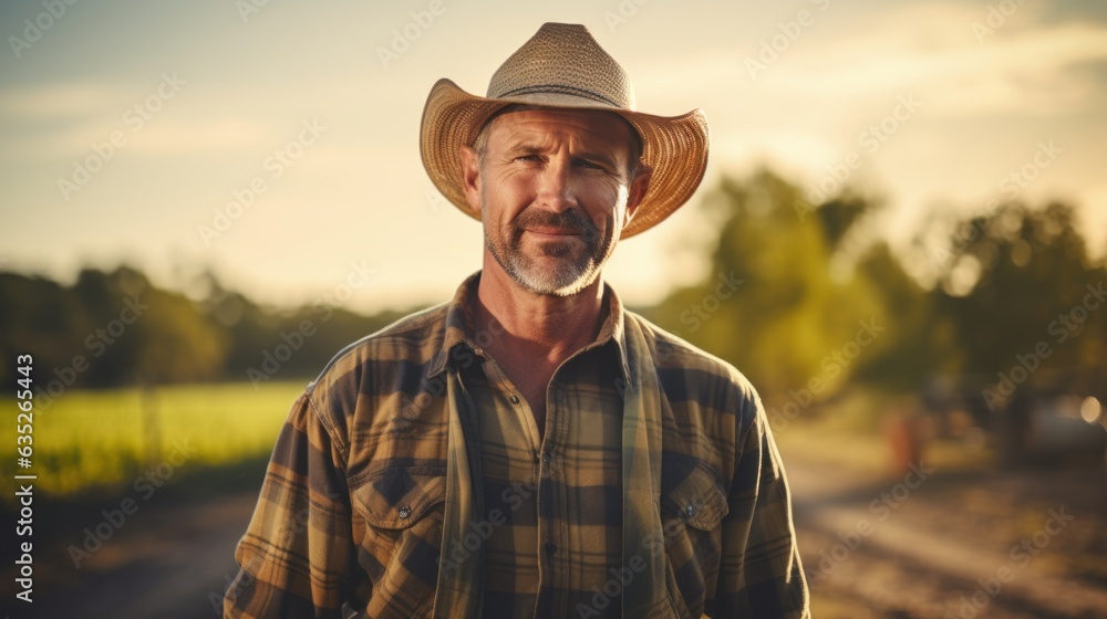 a adult white american farmer man standing on a wheat grass field ...