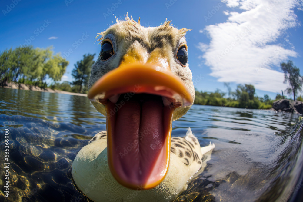 selfie, wide angle duck portrait. funny duckling swims in the lake and ...