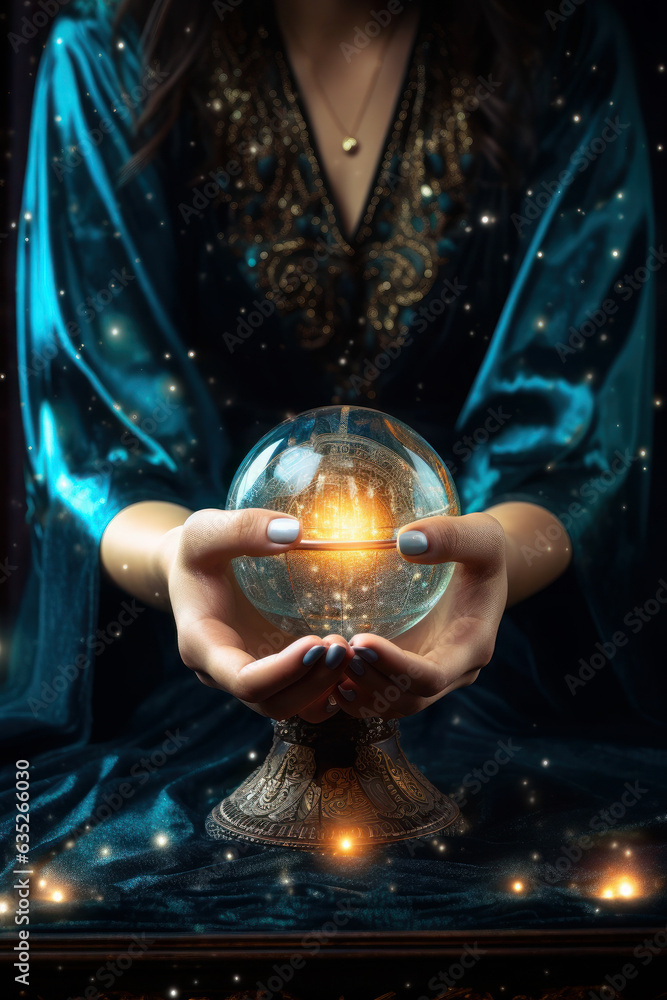 A magical crystal ball between two hands. woman is guessing. the witch ...