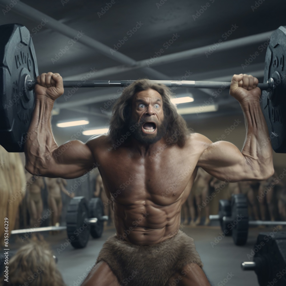 Caveman Lifting Heavy Barbell Overhead with Grit and Determination in a ...