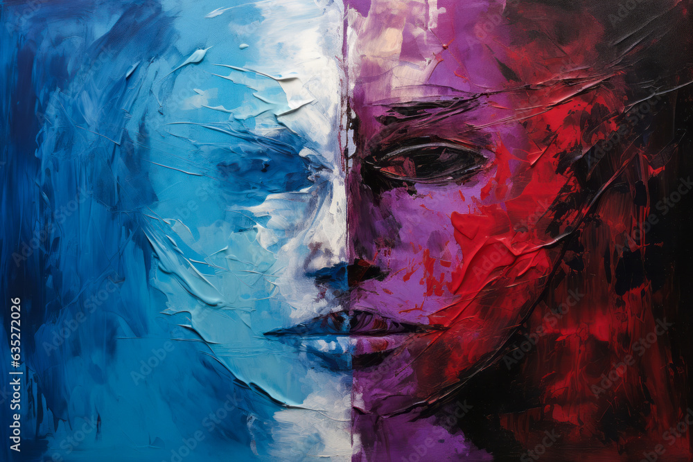 Face surrounded by hues of purple, red, and cyan. Inner struggles ...