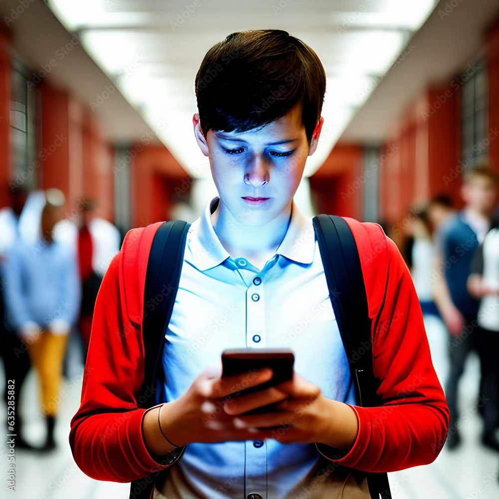 Boy student stops to read his cell phone in busy school hallway social ...