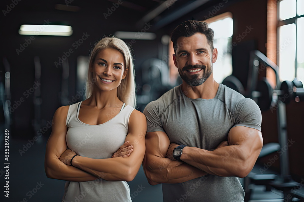 couple flexing their muscles, working out in gym, health and wellness ...