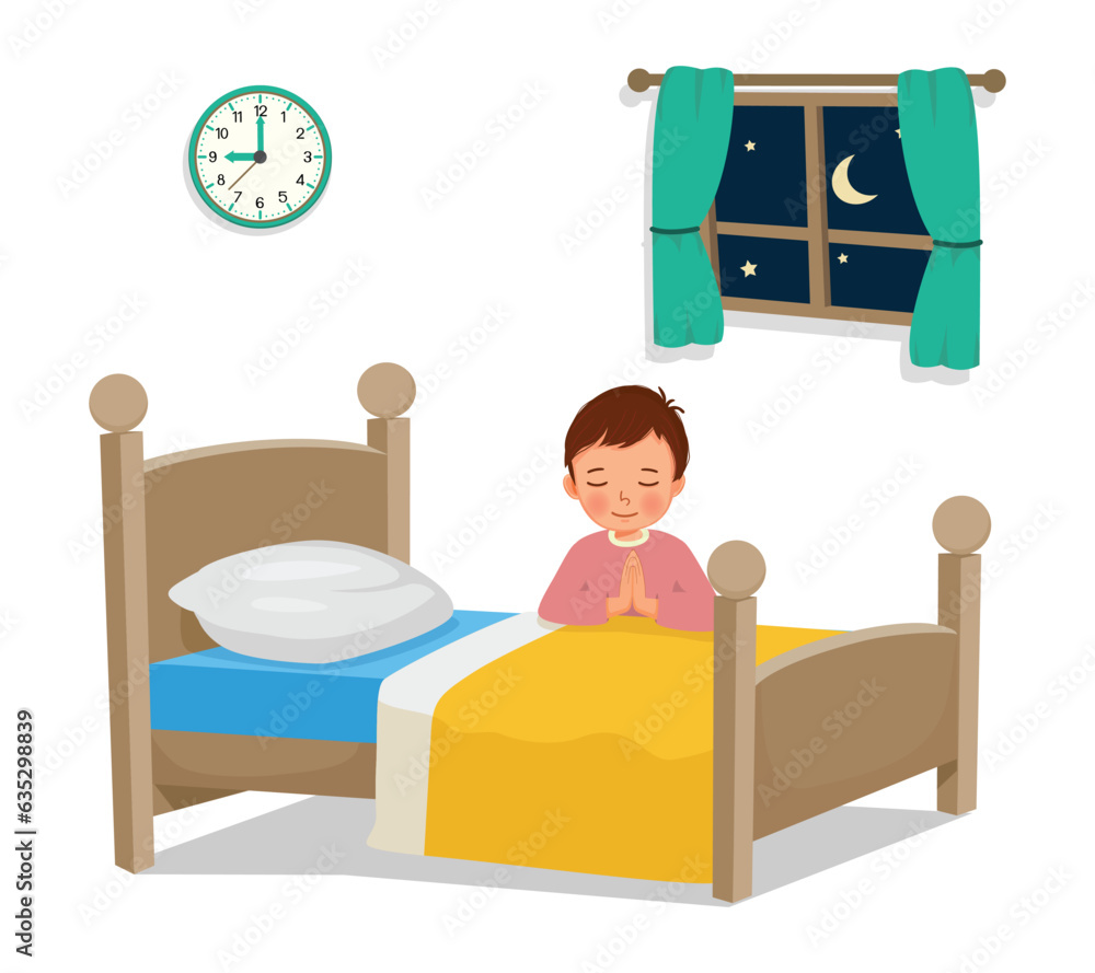 Cute little boy praying before going to bed in the bedroom Stock Vector ...