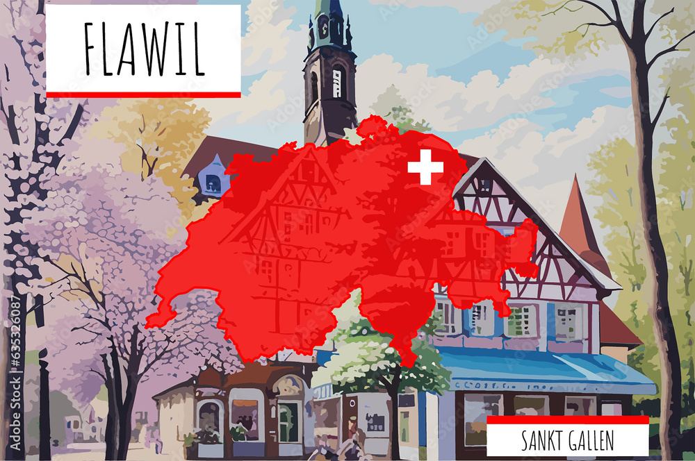 Flawil on a Swiss map with a scene in Switzerland Stock Illustration ...