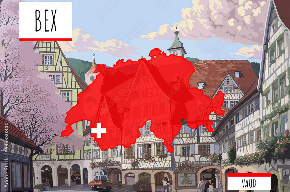 Bex on a Swiss map with a scene in Switzerland Stock Photo | Adobe Stock