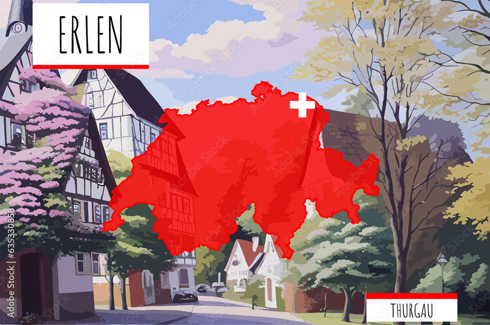 Erlen on a Swiss map with a scene in Switzerland Stock Illustration ...