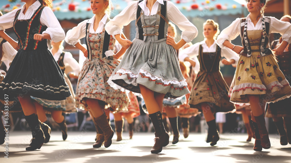 Group of locals dressed in traditional Bavarian fluffy skirt, blouse ...