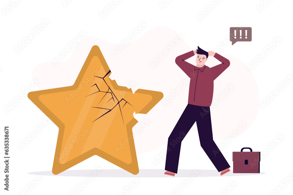 Entrepreneur standing near broken star, rating collapse. Bad comments ...