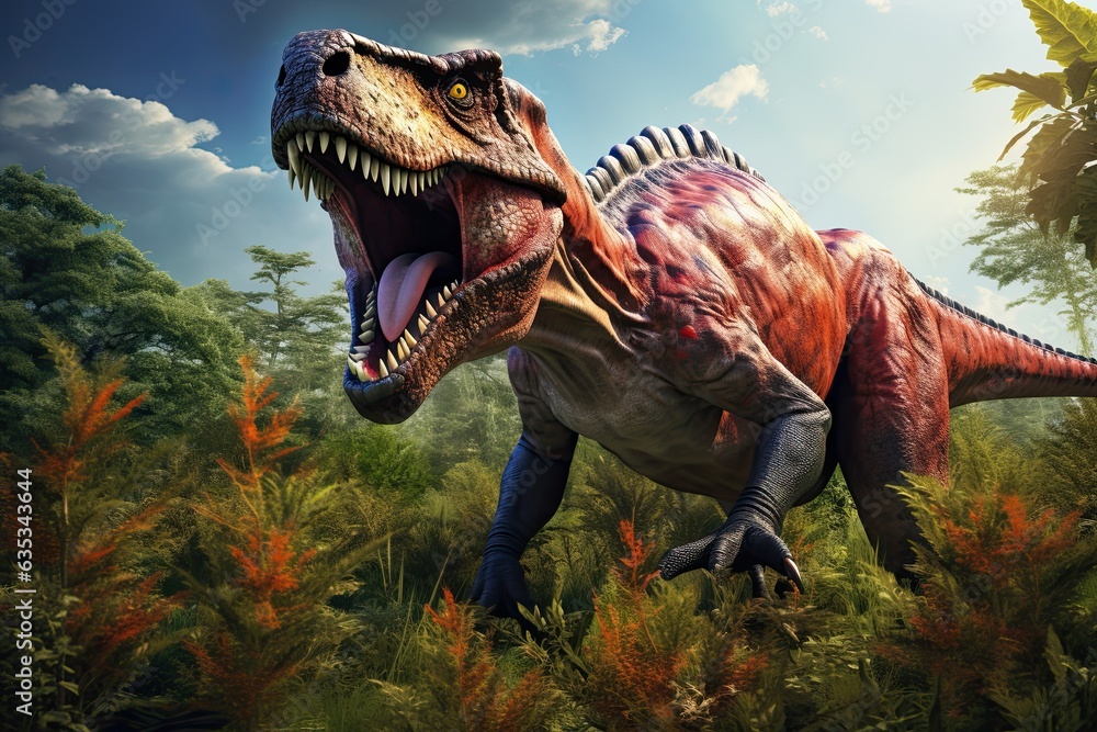 Prehistoric scene. T-Rex, Allosaurus, Triceratops amidst primeval forest. Concept of ancient ...