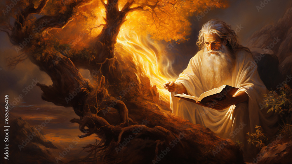 Moses with the burning bush, old Testament and Jewish Torah, Book of ...