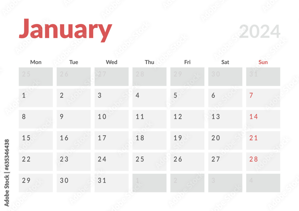 Monthly page Calendar Planner Templates of January 2024. Vector layout ...